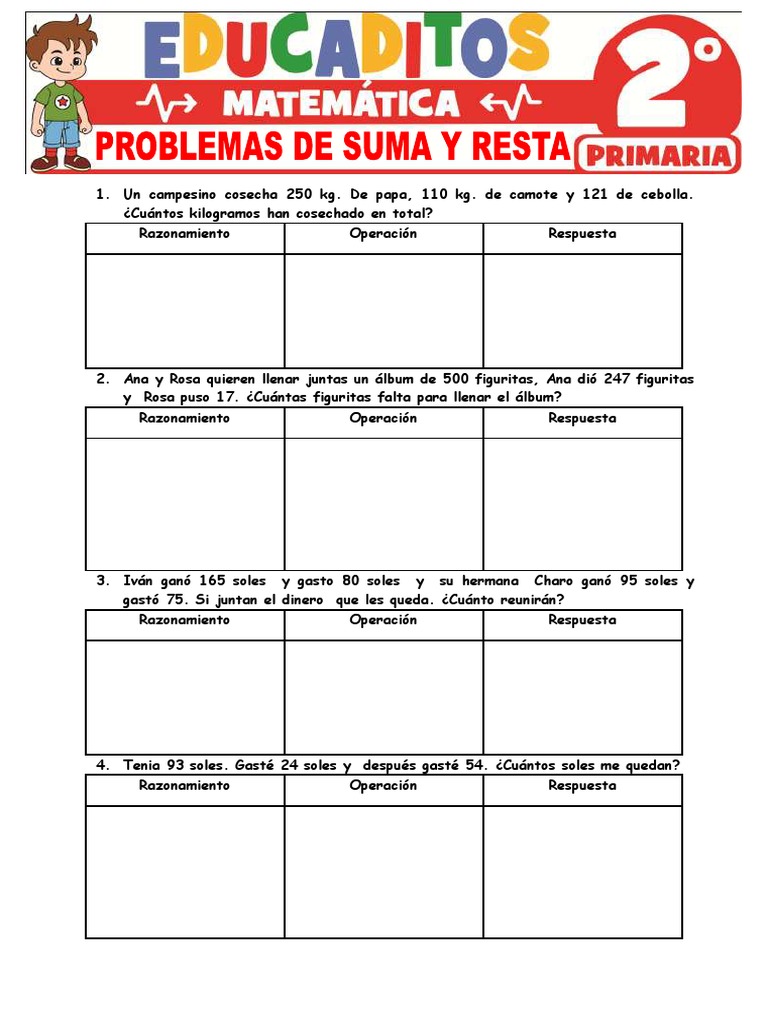 Problemas de Suma y Resta para Segundo Grado de Primaria | PDF | Cocina ...