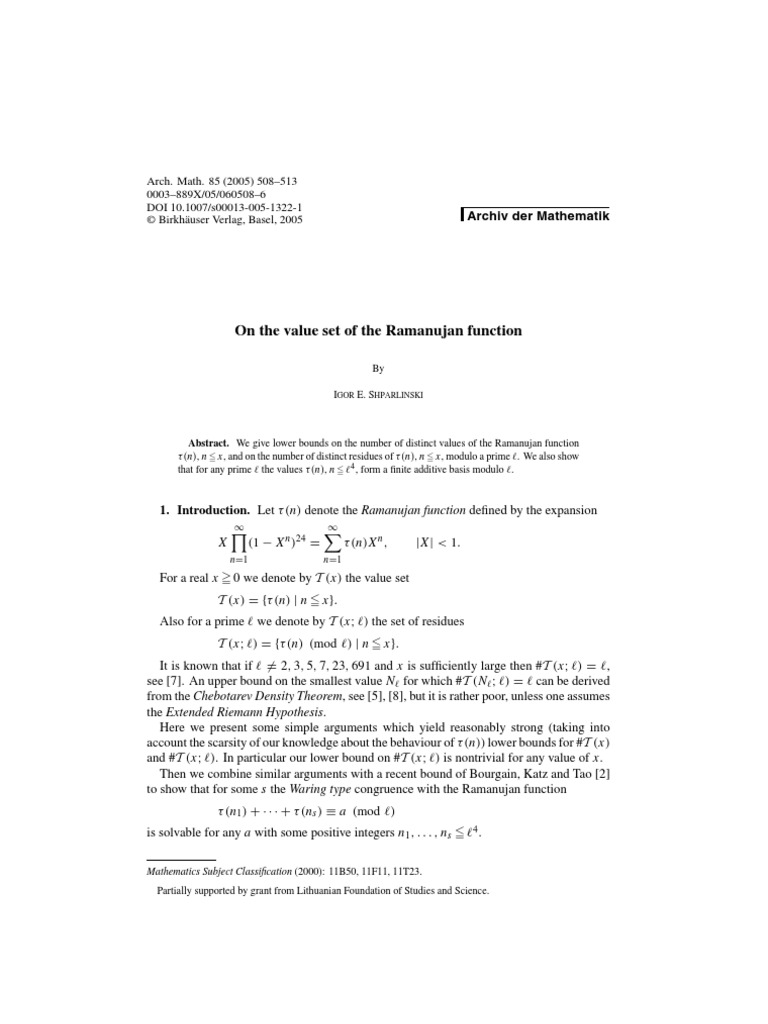 On The Value Set of The Ramanujan Function | PDF | Prime Number ...