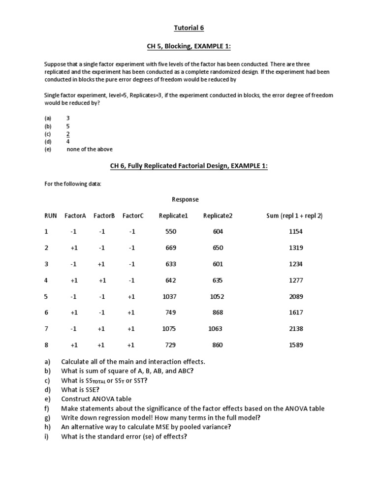 Tutorial 6, Blocking and Multifactor Experiments | PDF