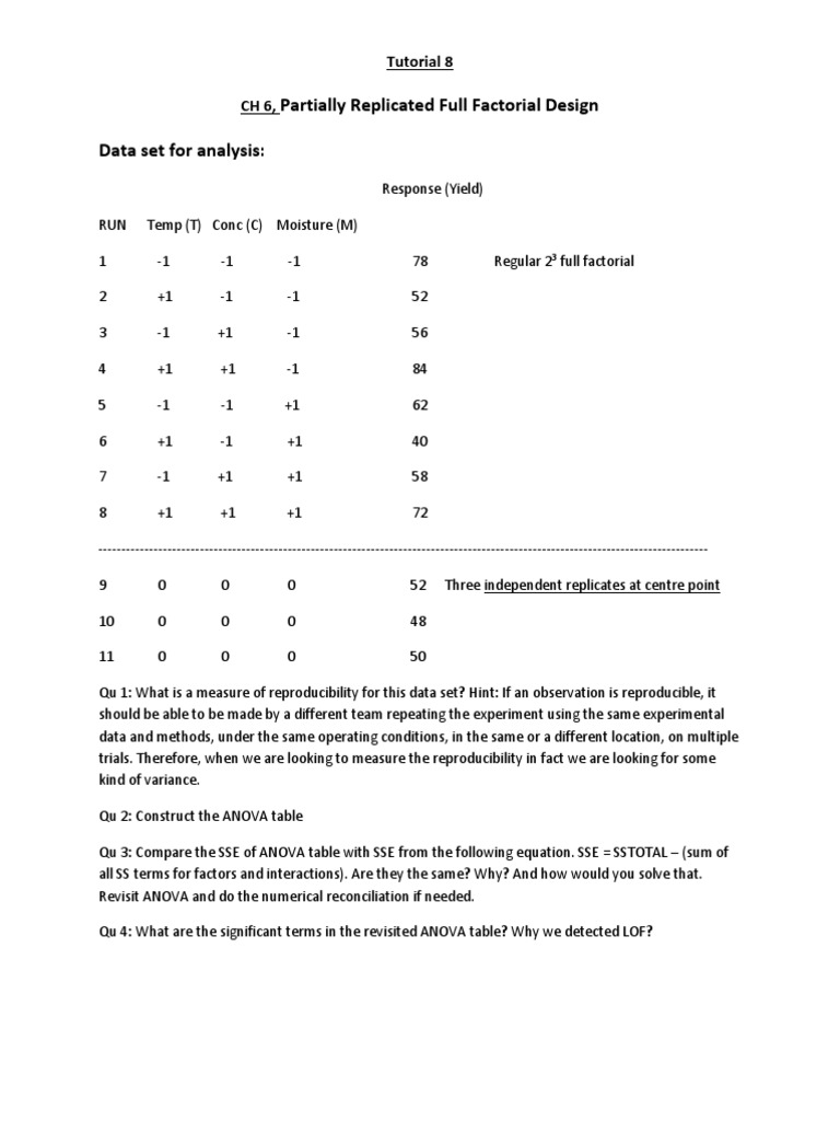 Tutorial 8, Multifactor Experiments Partialy Replicated Sol | PDF | Analysis Of Variance ...