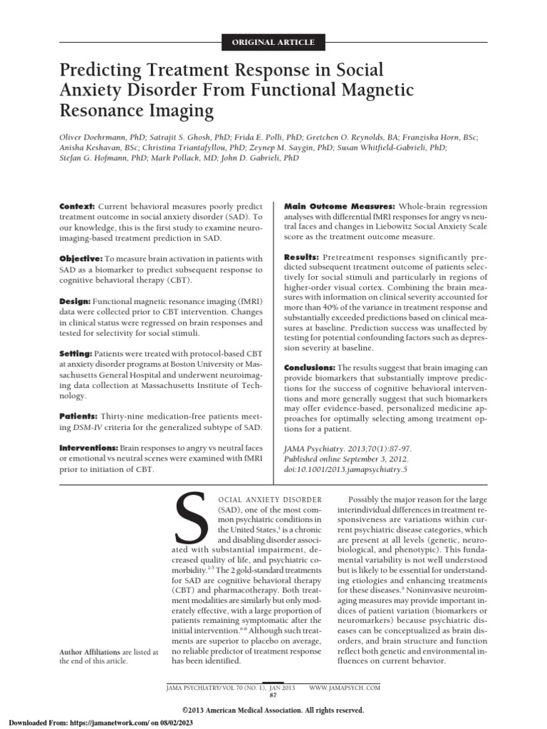 Predicting Treatment Response in Social Anxiety Disorder From ...