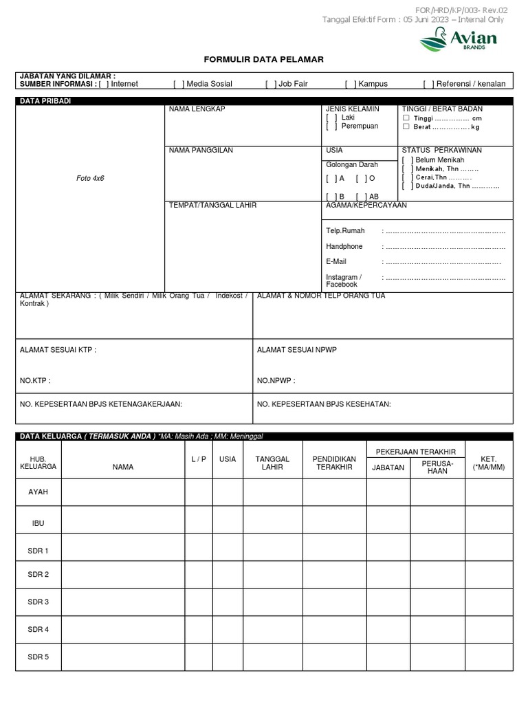 Form Lamaran Kerja TKTW (Avian Brands) | PDF