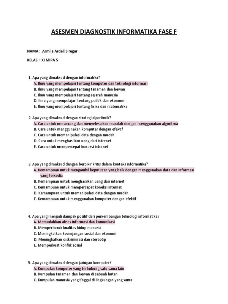 Asesmen Diagnostik Informatika Kelas 11 | PDF