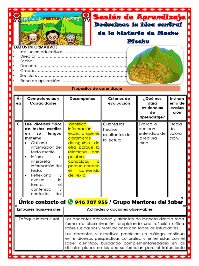 Deducción del tema central de lectura | PDF | Machu Picchu | Evaluación