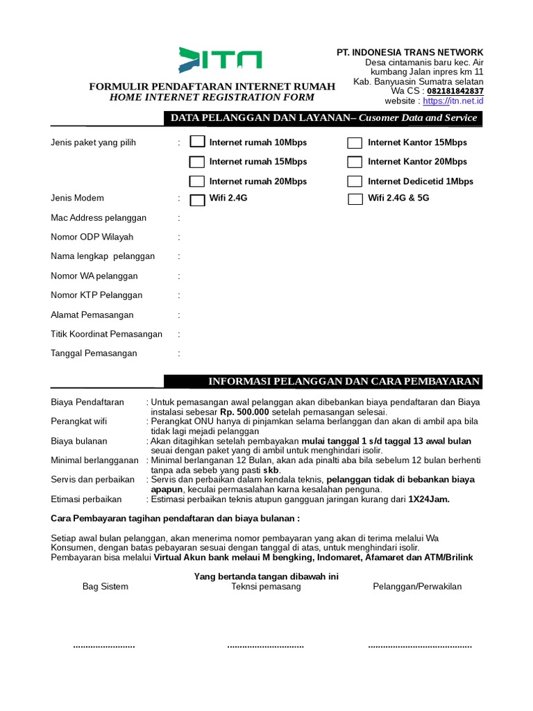 Formulir Pendaftaran Internet ITN | PDF