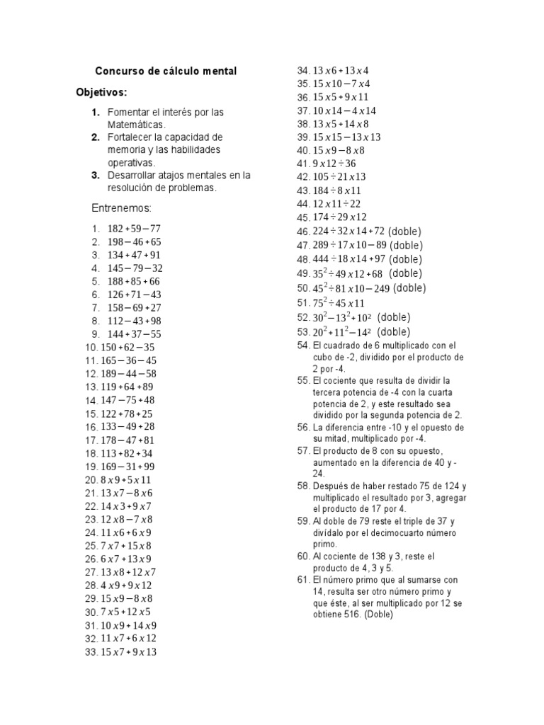 Concurso de Cálculo Mental: Ejercicios y Objetivos | PDF