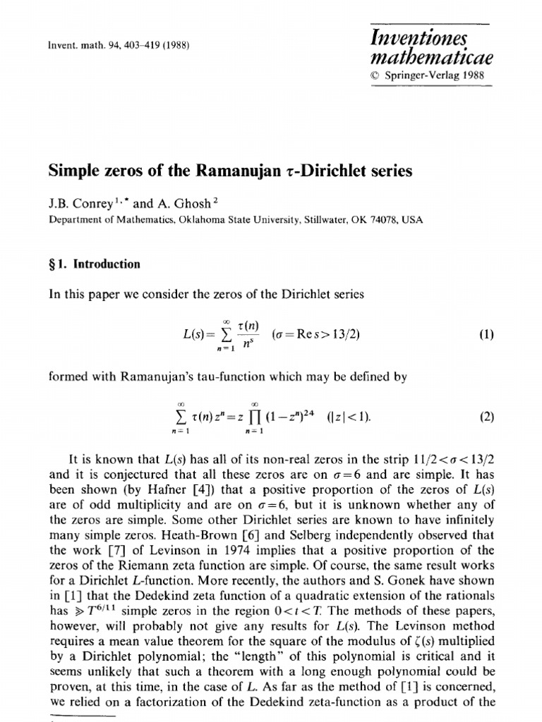 Simple Zeros of The Ramanujan T-Dirichlet Series | PDF | Functions And Mappings | Complex Analysis