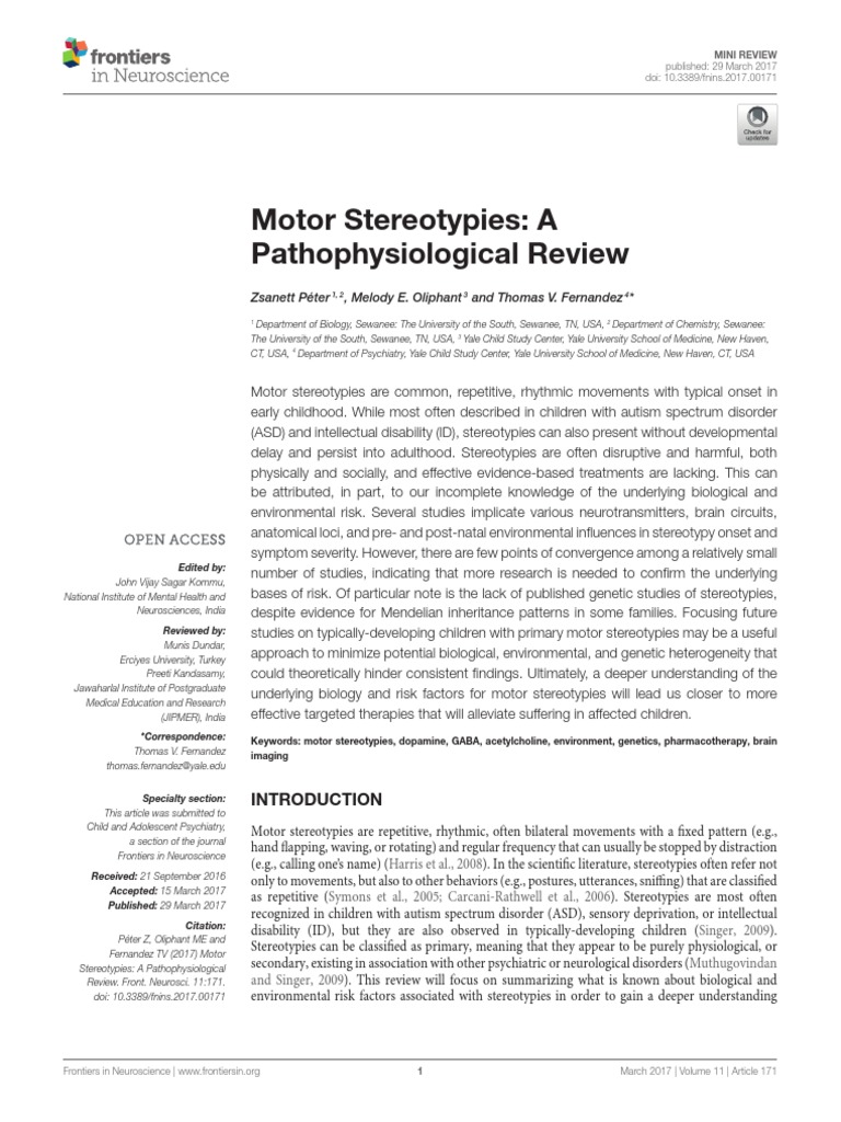Motor Stereotypies A Pathophysiological Review | PDF