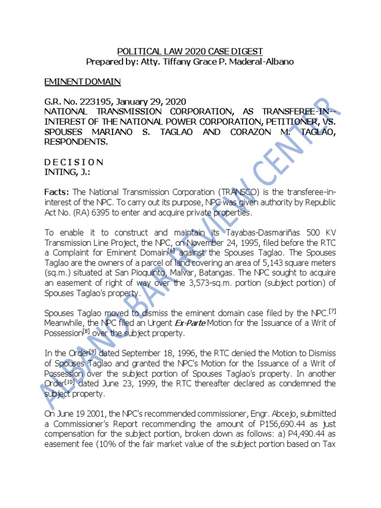 Political Law 2020 Case Digest | PDF | Eminent Domain | Just Compensation