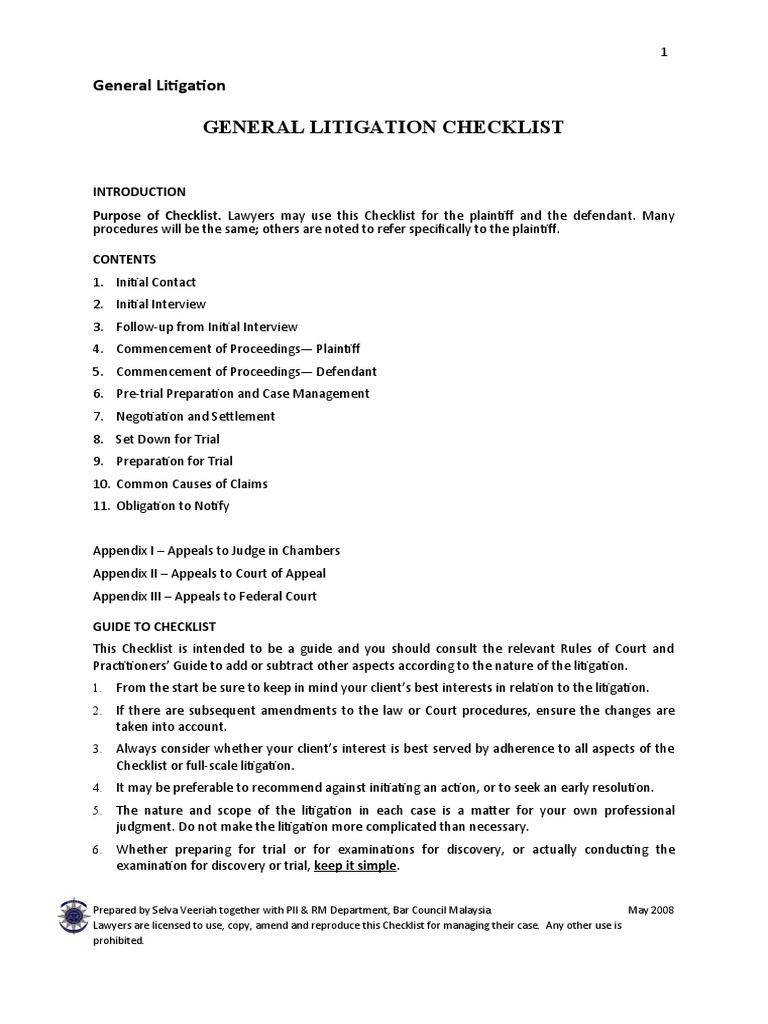 GENERAL LITIGATION Checklist (v2) | PDF | Lawsuit | Lawyer