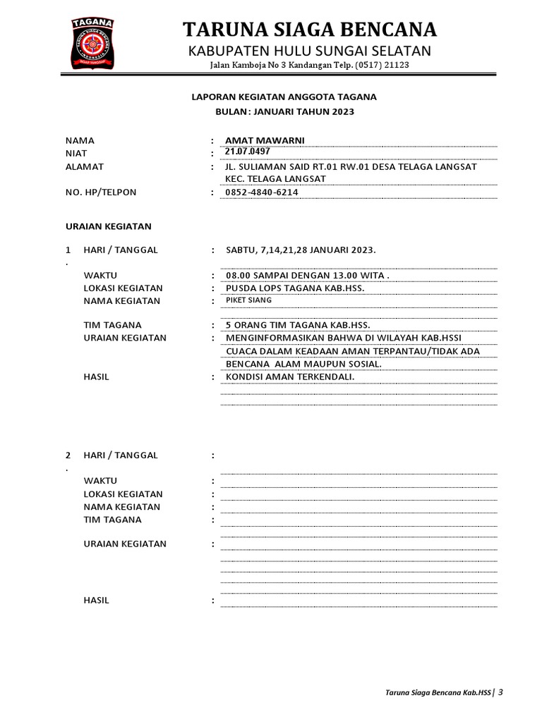 Laporan Tagana Jan - Juni | PDF