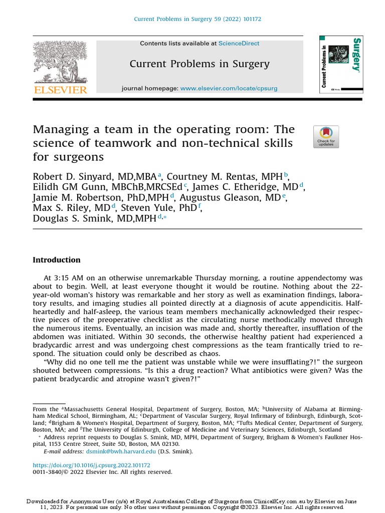 Managing A Team in The Operating Room: The Science of Teamwork and Non-Technical Skills For ...