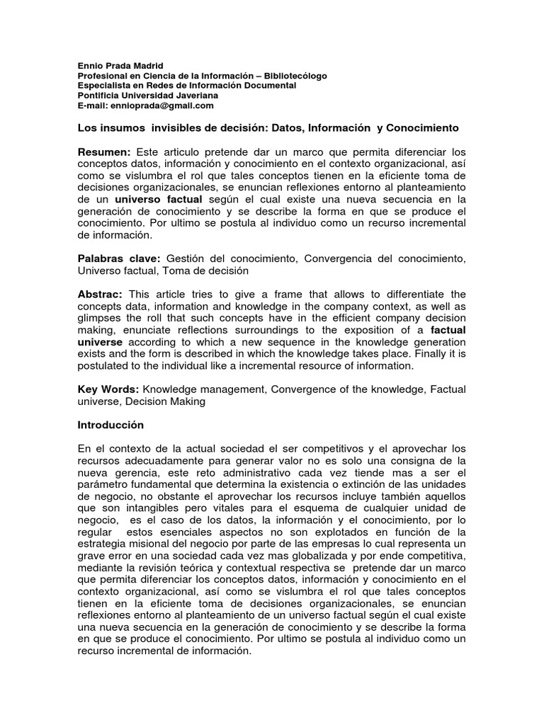Los Insumos Invisibles de Decision Datos Informaci | PDF | Conocimiento | Información