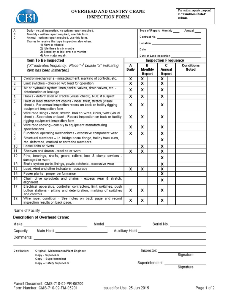 Cms-710-02-Fm-05201 - Overhead and Gantry Crane Inspection Form ...