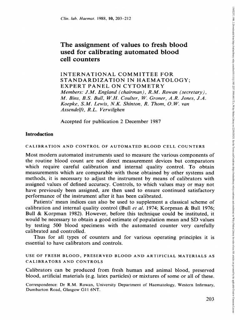 Fresh Blood Calibration for Hematology | PDF | Red Blood Cell | Medical ...