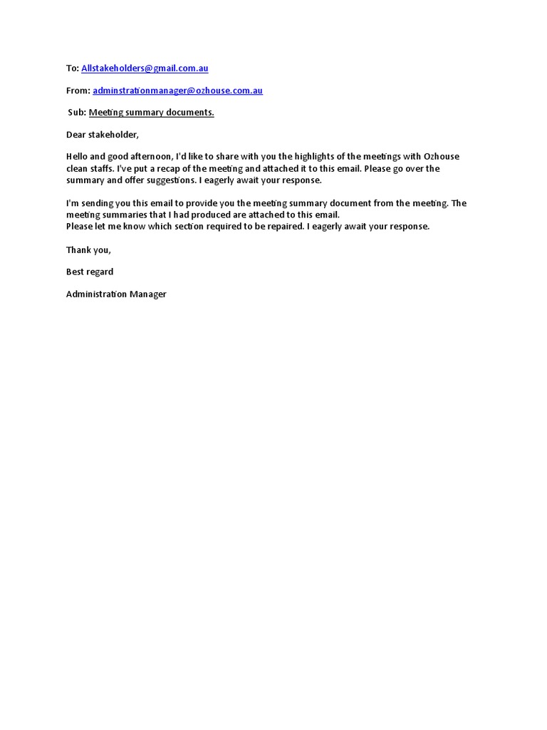 Documented Summary For Staff Meeting To Stakeholders Email | PDF