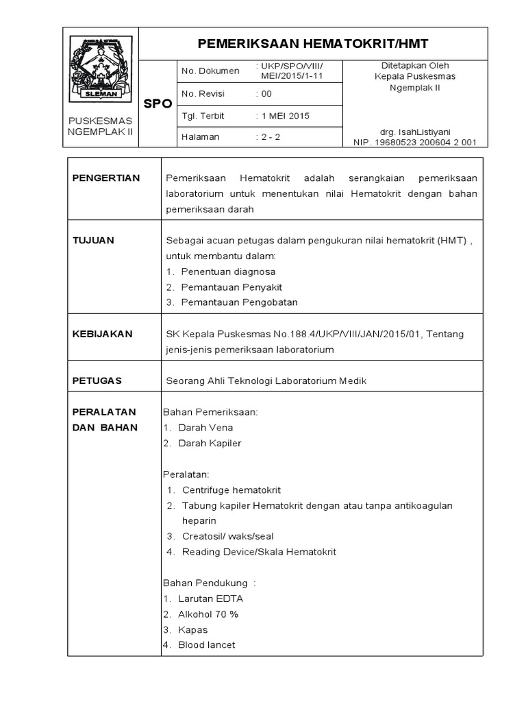 SOP Pemeriksaan HMT (Hematokrit) S | PDF