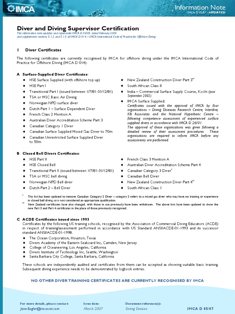 IMCA Diver and Supervisor Certification Guide | PDF
