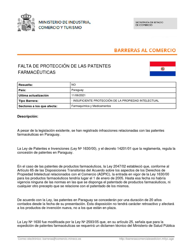 Patentes Farmacéuticas en Paraguay | PDF
