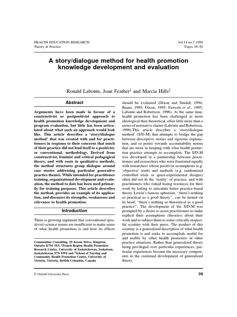 A Storydialogue Method (Labonte) | PDF | Theory | Experience