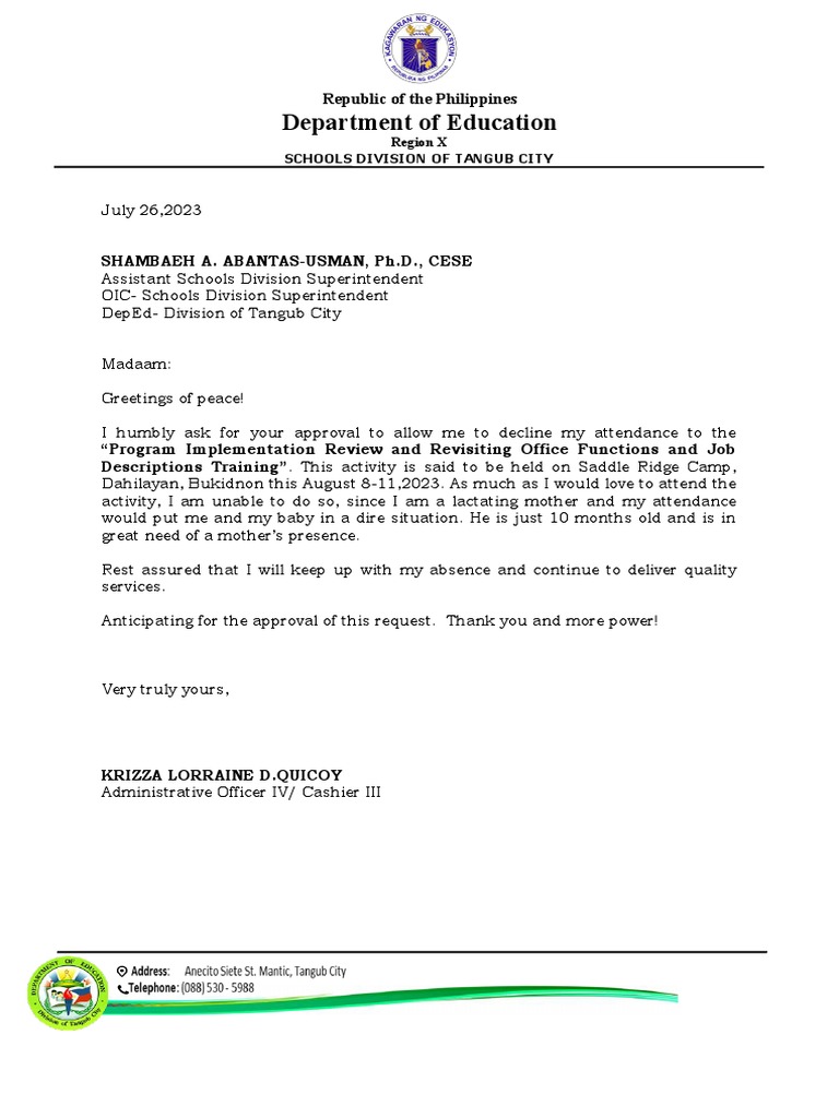 Letter of Absence in A Meeting | Download Free PDF | Philippines ...