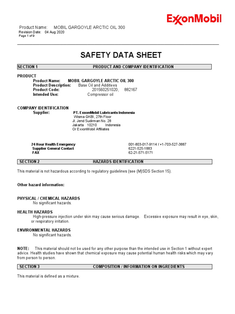 MSDS Gargoyle Arctic Oil 300 | PDF