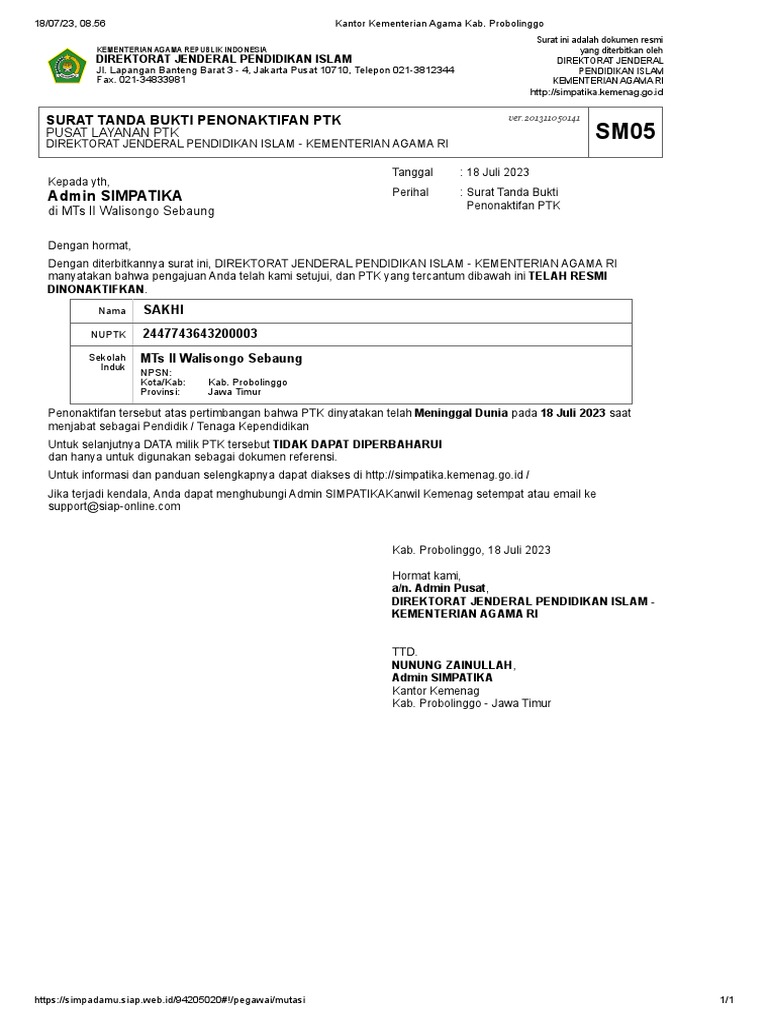 Admin Simpatika: Surat Tanda Bukti Penonaktifan PTK | PDF