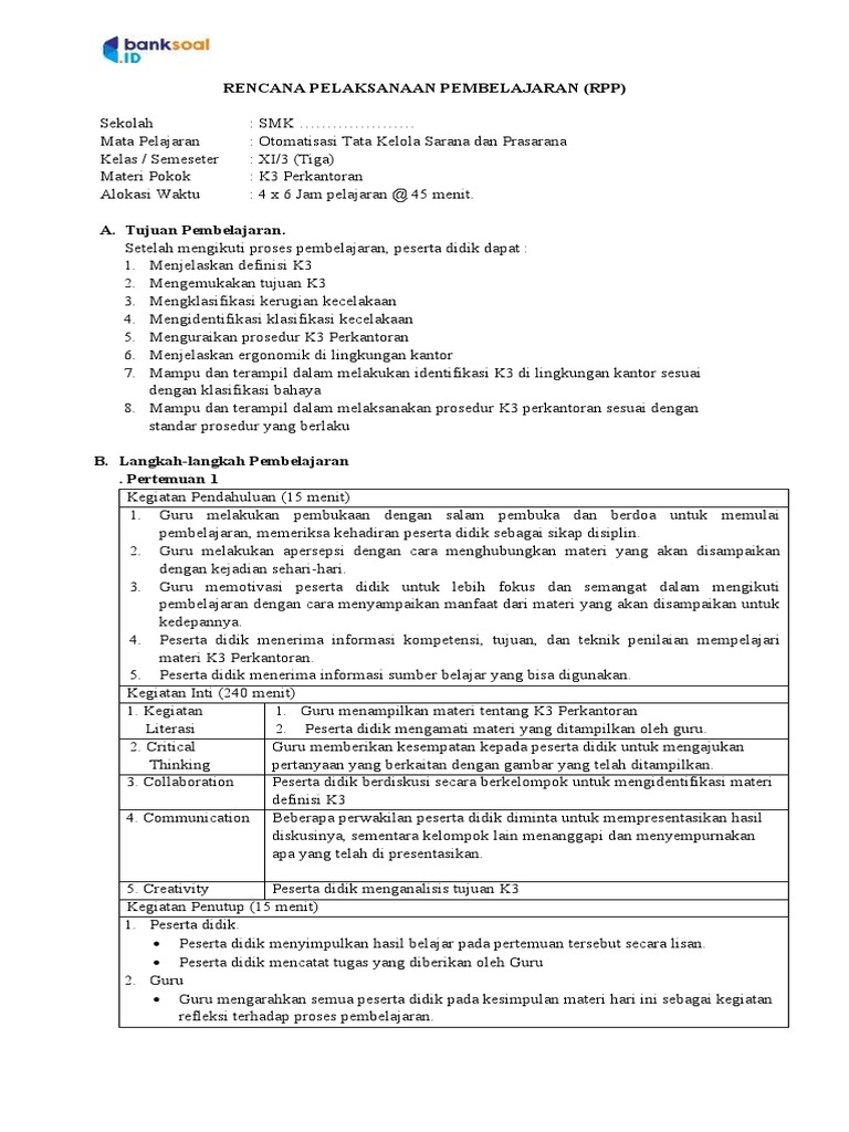 RPP KD 3 Otk Sarpras Kelas Xi SMK Semester Ganjil Tahun 2021 2022 Bank-Soal - Id-Dikonversi | PDF
