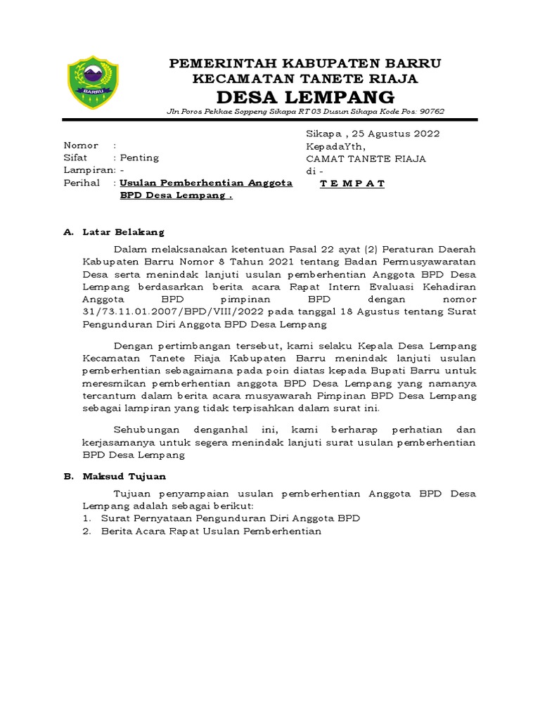 Contoh - Surat Pemberhentian BPD | PDF