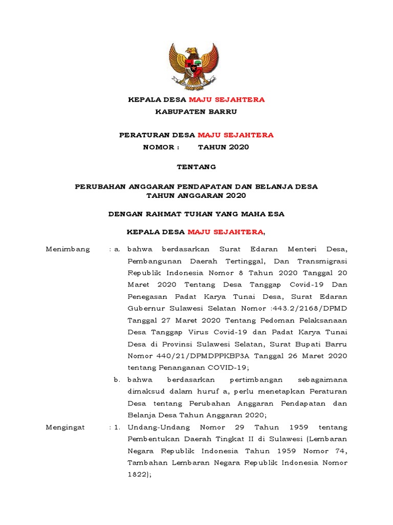 Perubahan APBDes Maju Sejahtera 2020 | PDF