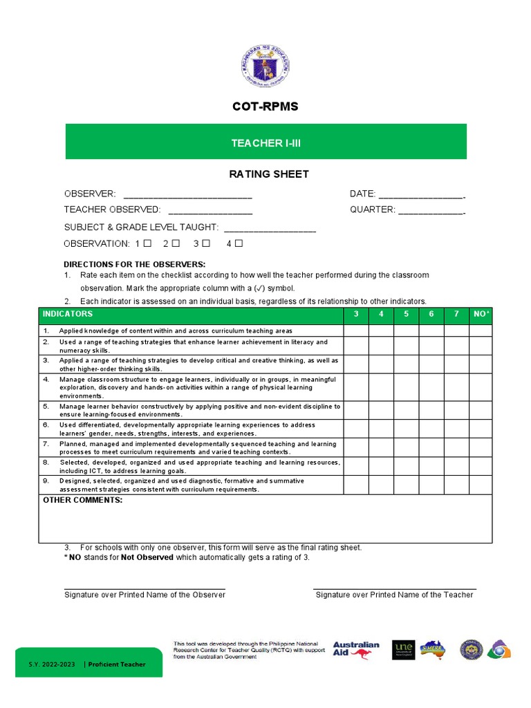 Cot Rating Sheet Word | PDF | Learning | Curriculum