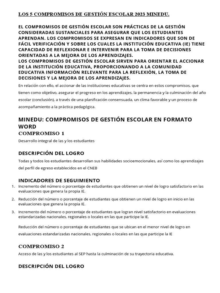 Los 5 Compromisos de Gestión Escolar 2023 Minedu | PDF | Pedagogía | Enseñando