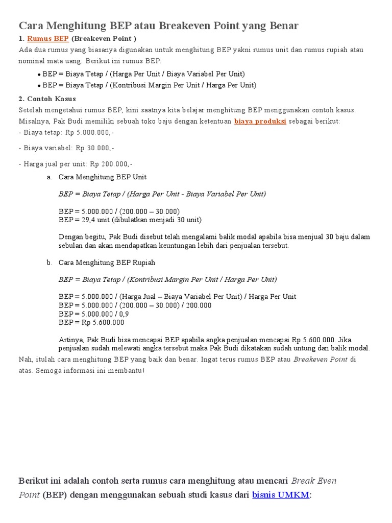 Cara Menghitung Bep Atau Breakeven Point Yang Benar Pdf