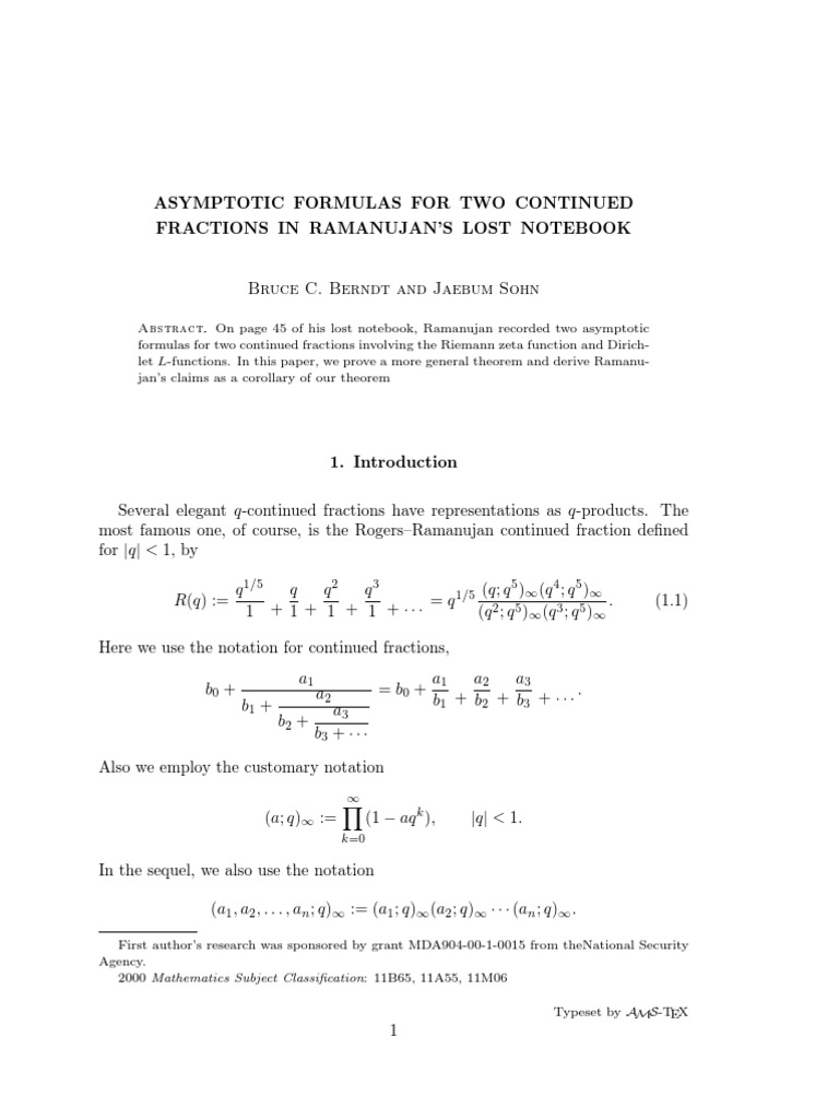 Asymptotic Formulas For Two Continued Fractions in Ramanujan's Lost Notebook | PDF | Special ...