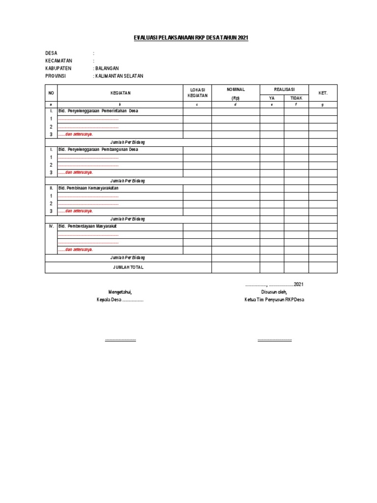 04 Format Evaluasi Pelaksanaan RKP Desa Tahun Sebelumnya | PDF