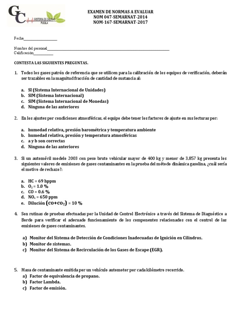 Examen Normas SEMARNAT 047 y 167 | PDF | Gases | Ciencias fisicas