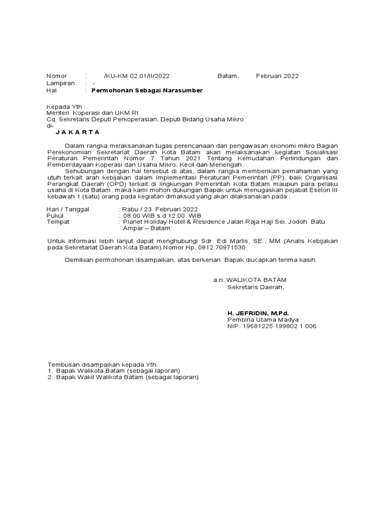 Surat Permintaan Narsum Deputi Bidang Usaha Mikro Kemenkop (Paraf) | PDF