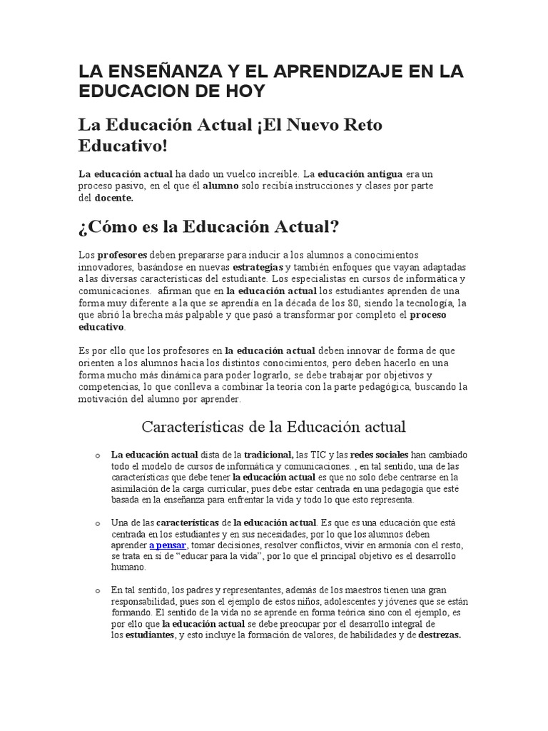 La Enseñanza Y El Aprendizaje En La Educacion De Hoy Pdf