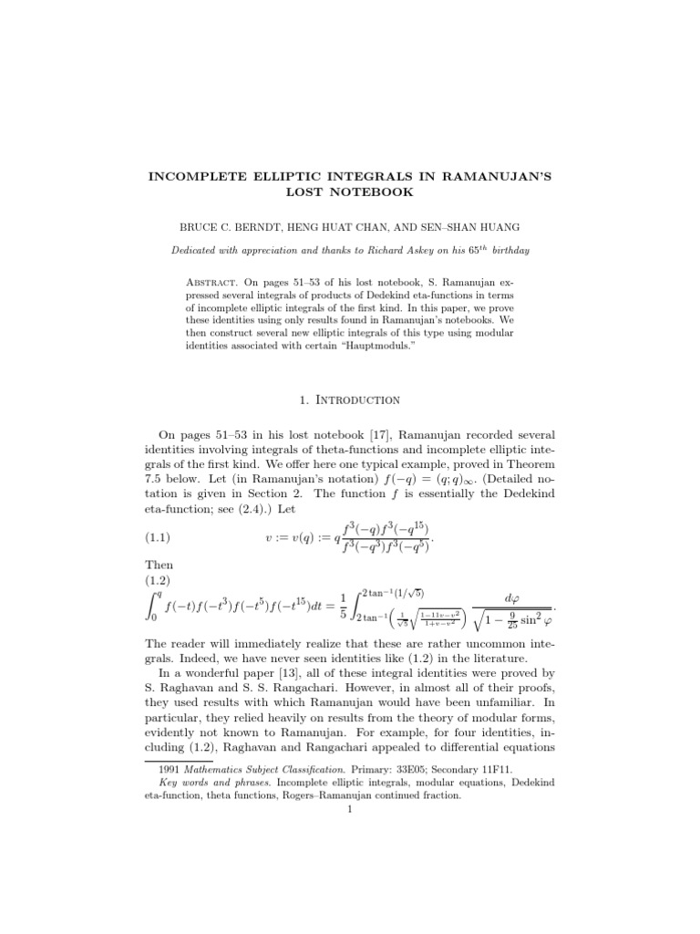 Incomplete Elliptic Integrals in Ramanujan's Lost Notebook | PDF ...