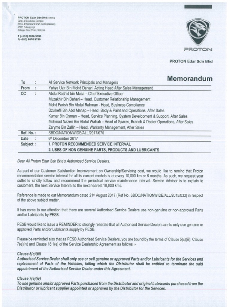 070 1. Proton Recommended Service Interval, 2. Uses of Non Genuine ...