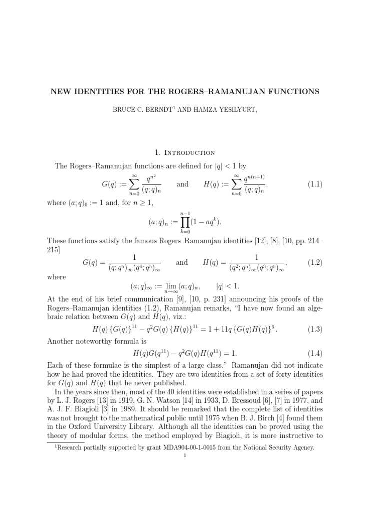 New Identities For The Rogers-Ramanujan Functions | PDF | Mathematical Objects | Mathematical ...