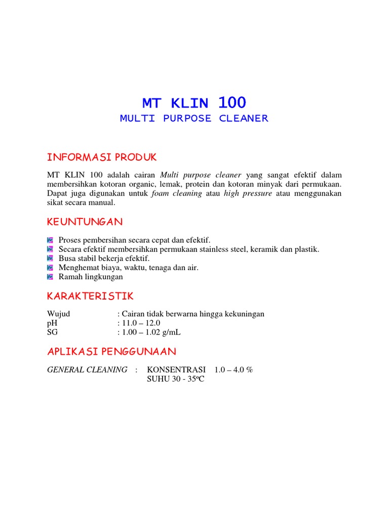 Brosur & Msds MT Klin 100 | PDF