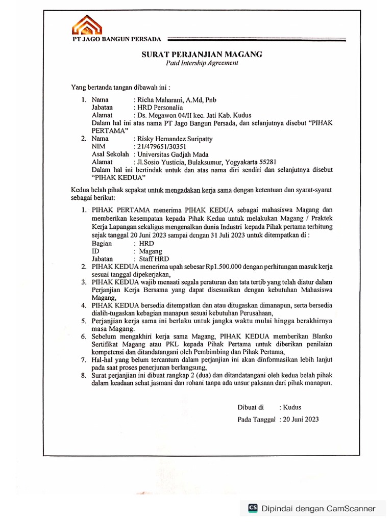 Surat Perjanjian Magang | PDF