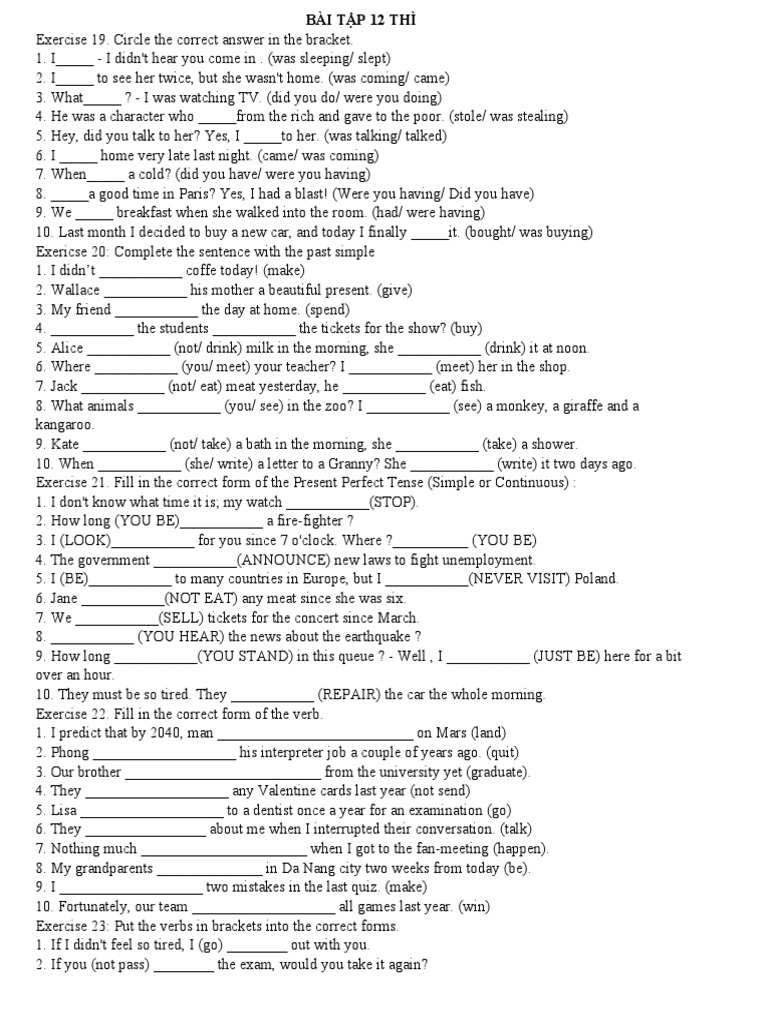 BÀI TẬP 12 THÌ TT | PDF