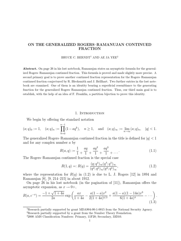 On The Generalized Rogers-Ramanujan Continued Fraction | PDF ...