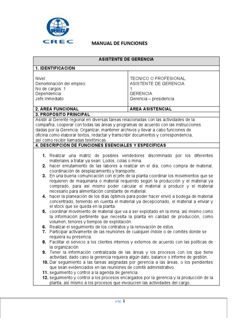 Manual de Funciones Asistente Planta | PDF