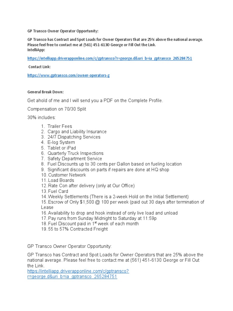 GP Transco Profile For Owner Operators | PDF