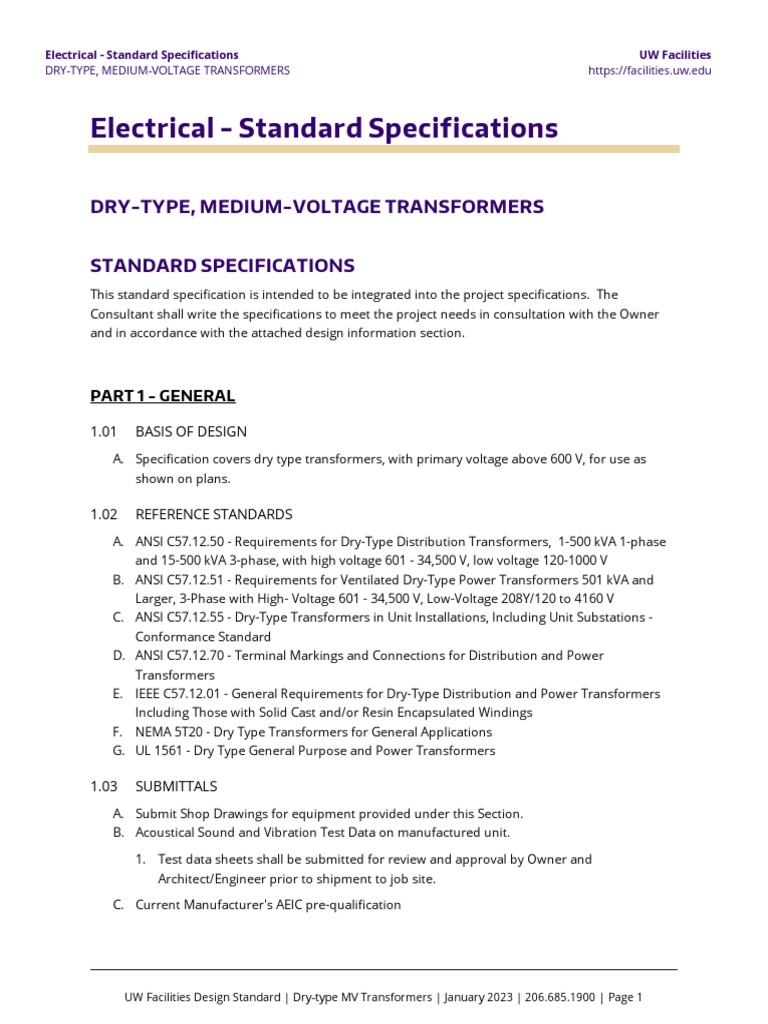 Uwf Ds Electrical Standard Specs Dry Type Medium Voltage Transformers ...
