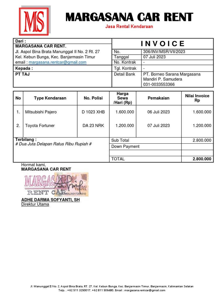 Margasana Car Rent: Invoice | PDF