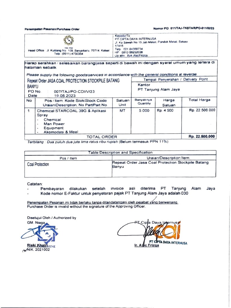Purchase Order Jasa Batubara | PDF
